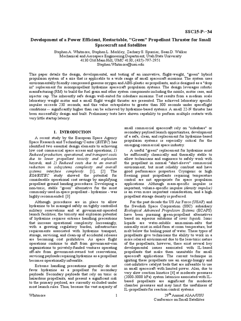 Development of A Power Efficient Restartable Green Propellant For Small ...