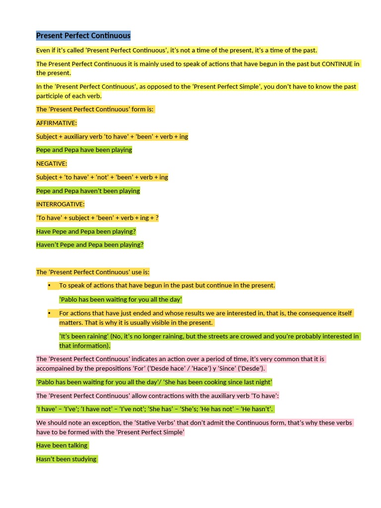 Present Perfect Continuous Pdf