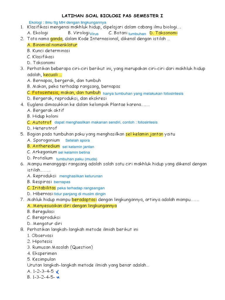 Latihan Soal Biologi Pas Semester I | PDF