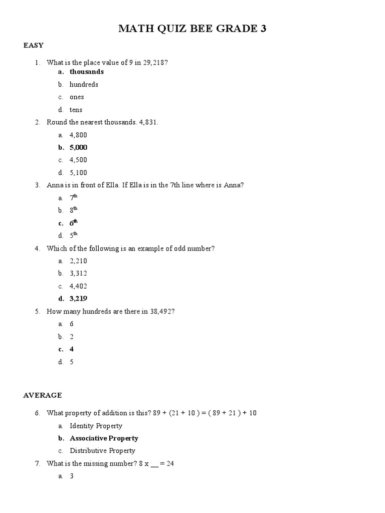 Grade 3 Math Quiz Bee Questions | PDF