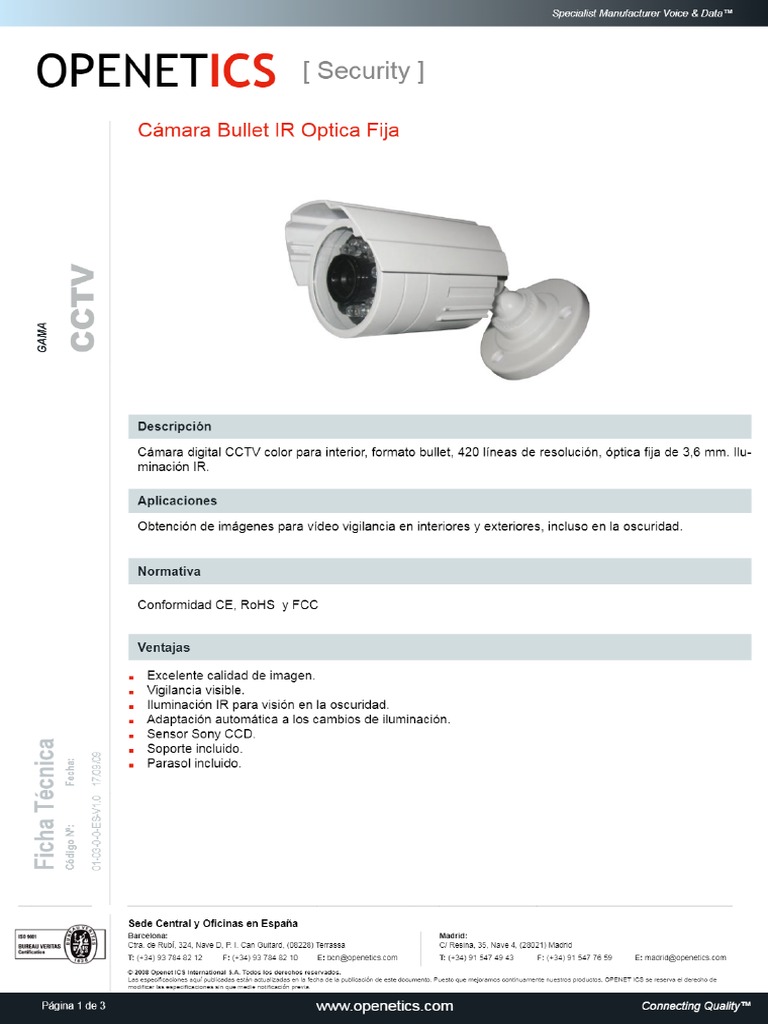 OPENETICS CCTV. (Security) Ficha Técnica. Cámara Bullet IR Optica Fija GAMA. Descripción - PDF ...