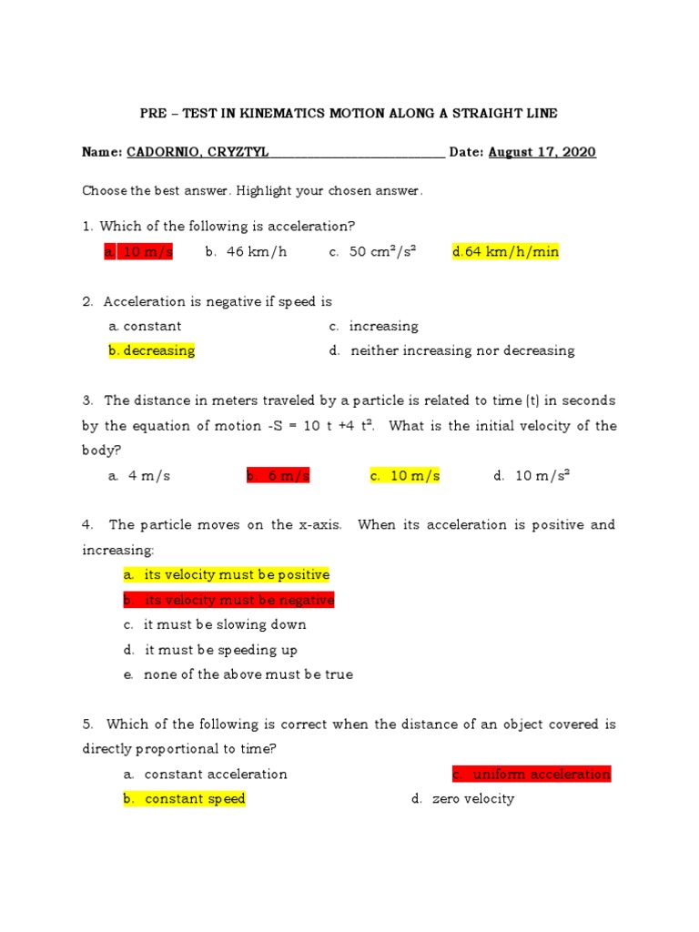 Kinematics Pre-Test Questions | PDF | Acceleration | Velocity