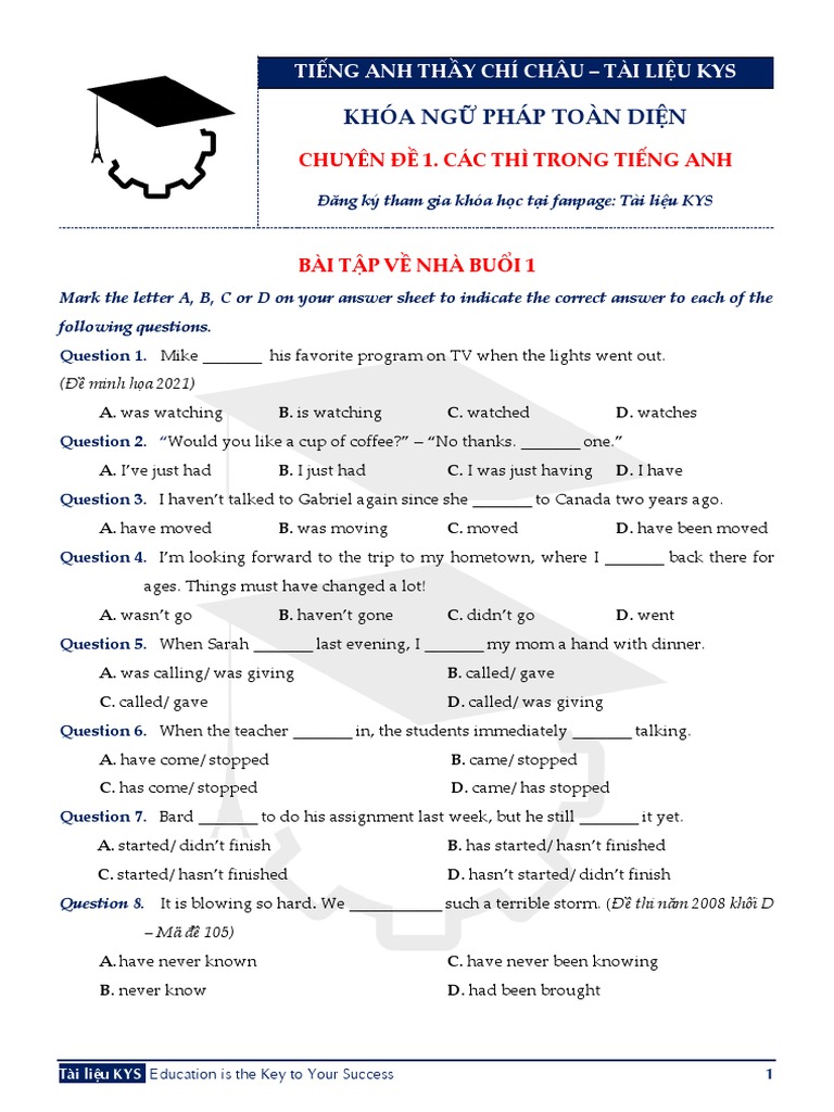 BTVN CD1. Các thì trong tiếng anh P1 | PDF