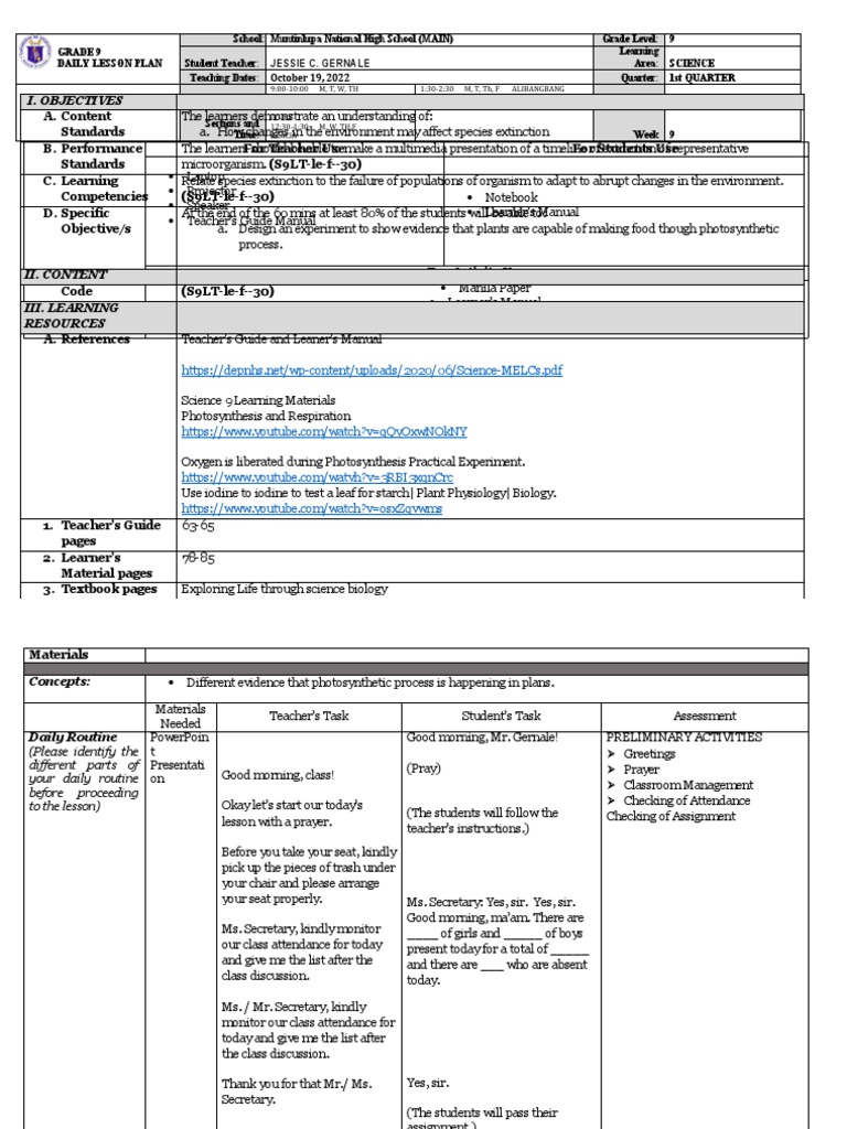 DLP Gernale Oct19 | PDF | Lesson Plan | Photosynthesis
