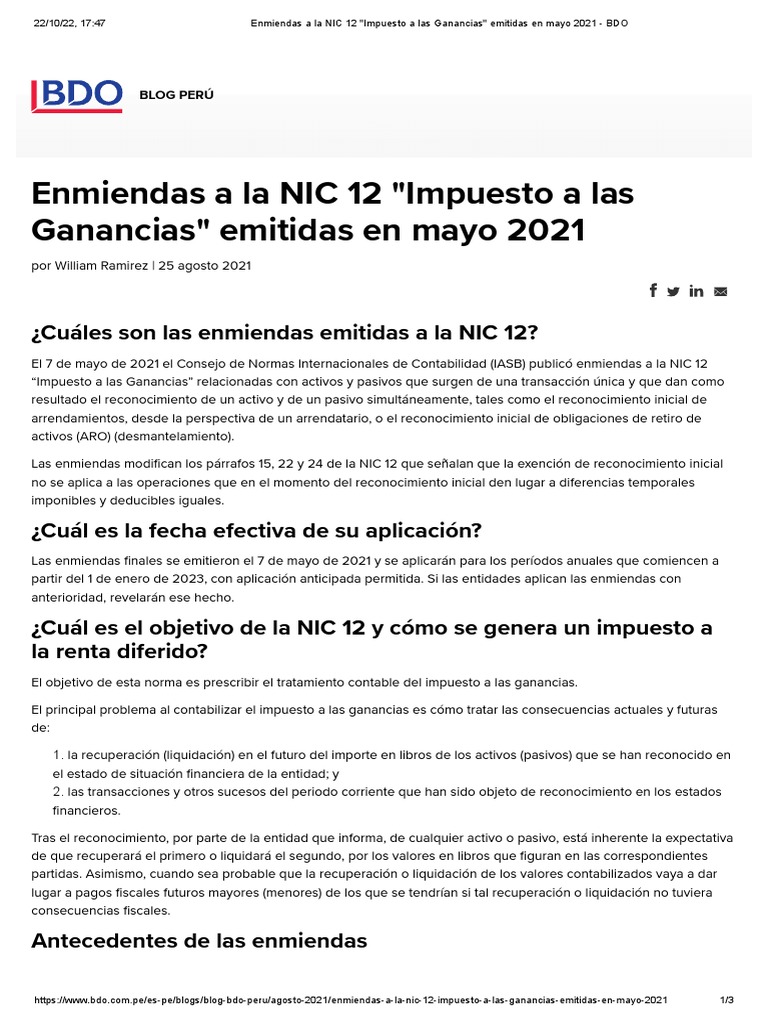 Enmiendas A La NIC 12 - BDO | PDF | Contabilidad | Impuesto sobre la renta
