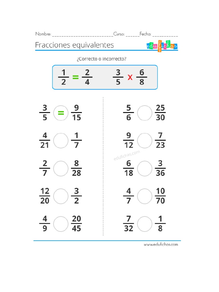 Fracciones No Equivalentes Y Fracciones Equivalentes Fracciones