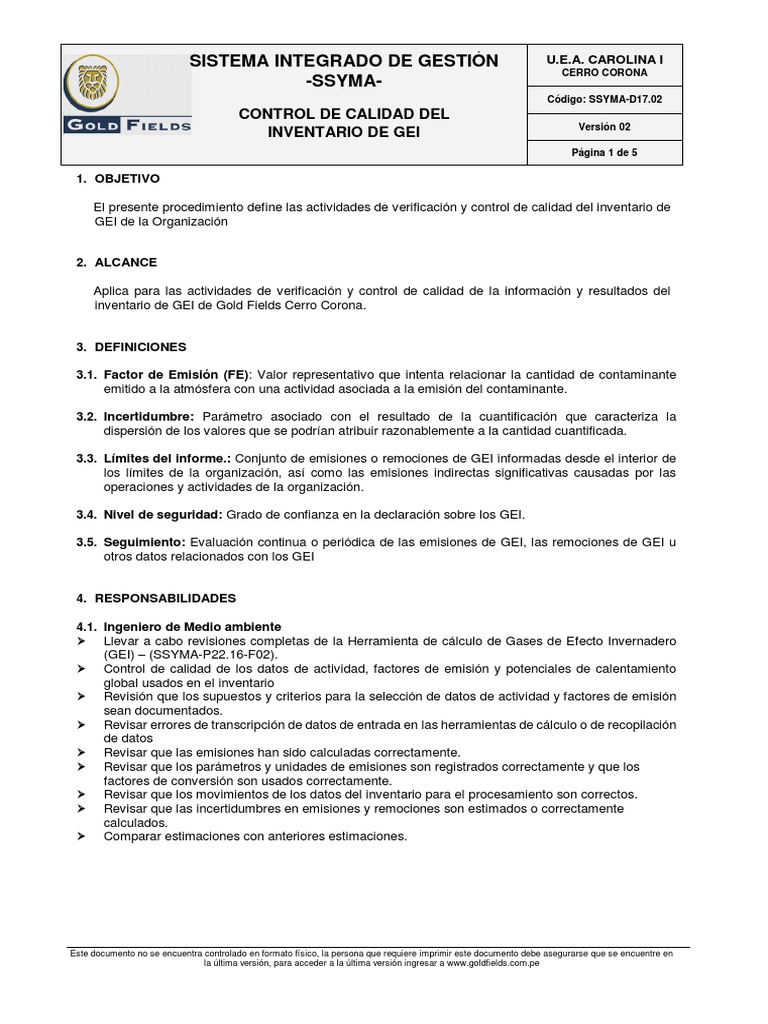 Control Calidad Inventario GEI Gold Fields | PDF | Gases de efecto ...