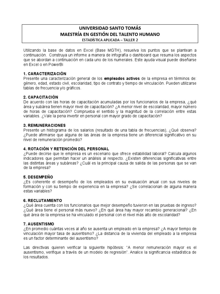 Taller 2 Estadística Aplicada - MGTH | PDF | Business | Gestión de ...