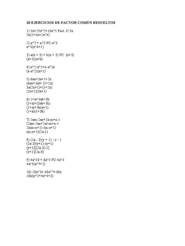 10 Ejercicios de Factor Común Resueltos | PDF
