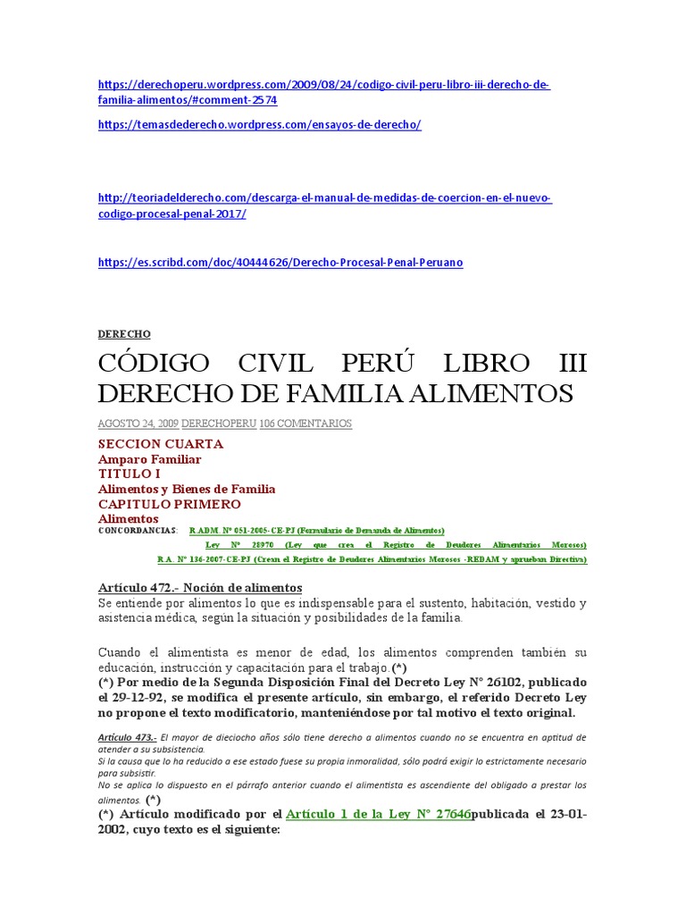 Código Civil Perú Libro III Derecho de Familia Alimentos | PDF ...
