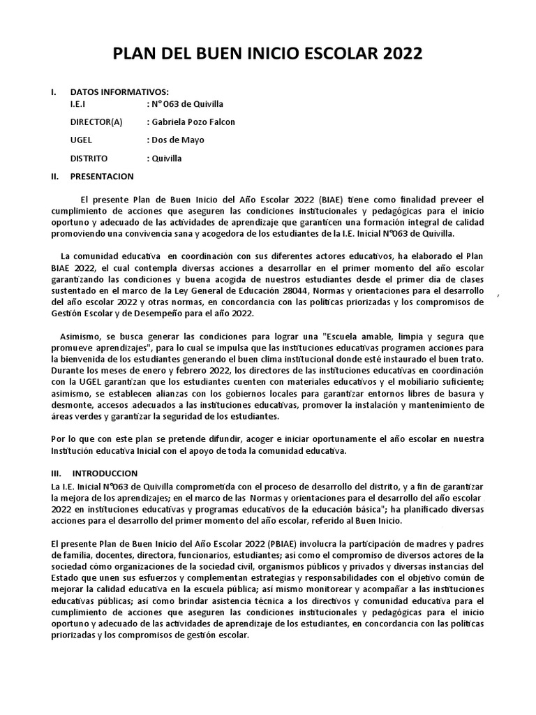 Plan Del Buen Inicio Escolar 2022 Inicial 063 de Quivilla | PDF | Educación primaria | Método de ...