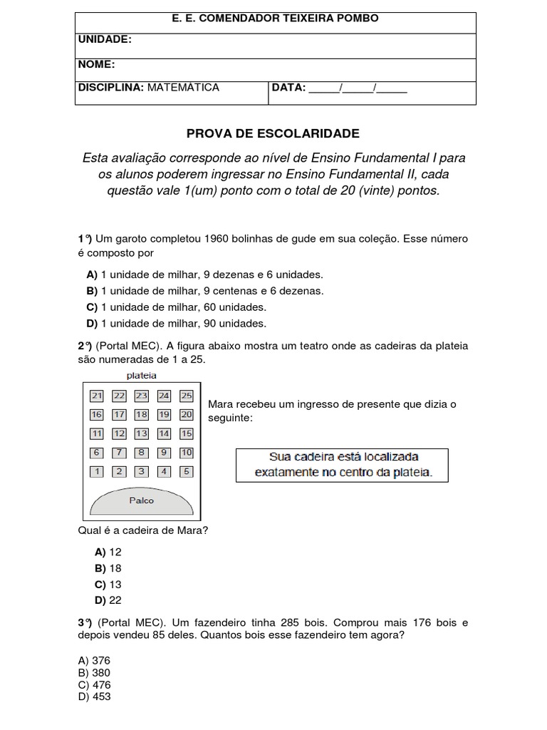 Prova de matemática avalia conhecimentos básicos de alunos do Ensino ...