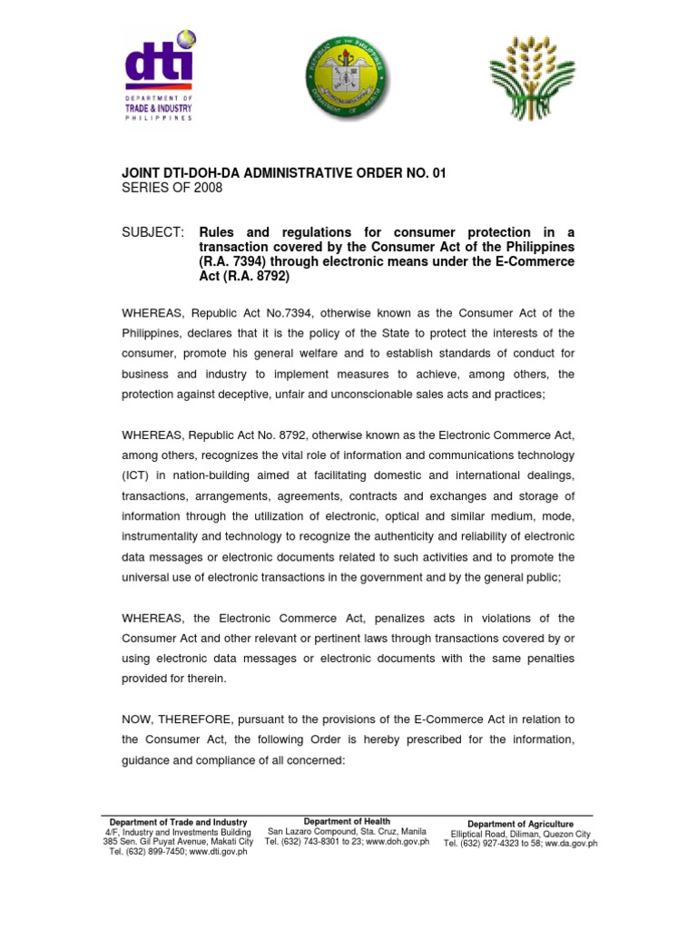 Joint DTI-DOH-DA Administrative Order #1 Rules and regulations for ...