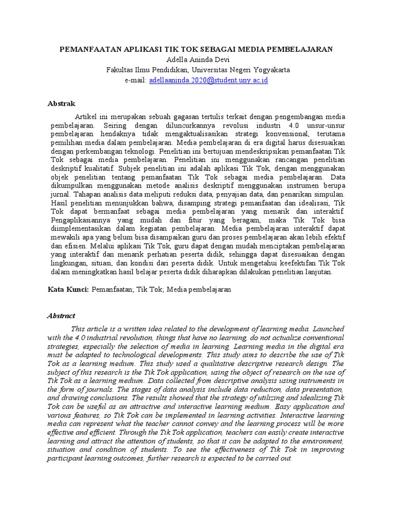 Pemanfaatan Aplikasi Tik Tok Sebagai Media Pembelajaran | PDF