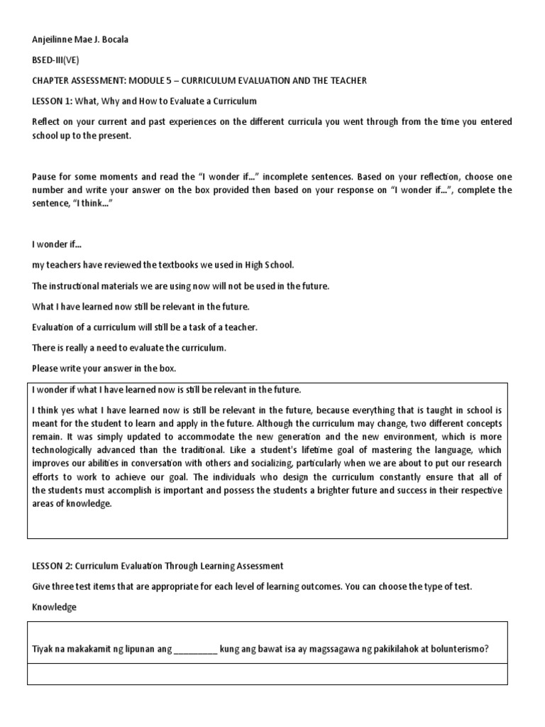 CHAPTER ASSESSMENT Module 5 Lessons 1 To 3 | PDF | Curriculum | Teachers