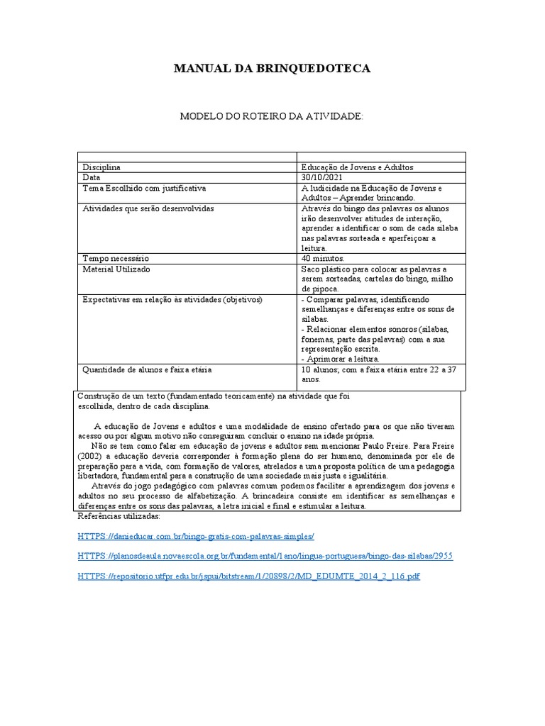 Roteiro de Atividade Brinquedoteca | PDF