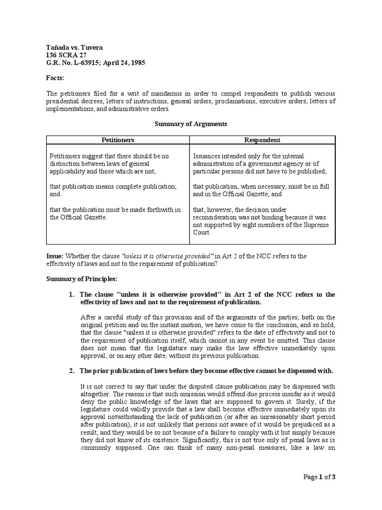 LAW 1106 - Statutory Construction - JD 8. G.R. No. L-63915 - Tanada vs. Tuvera - 04.24.1985 ...