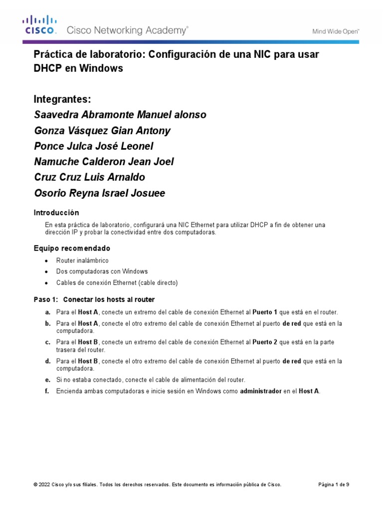 Practica 12.2 - Configurar NIC para Usar DHCP en Windows | PDF | Dirección IP | Protocolos de ...