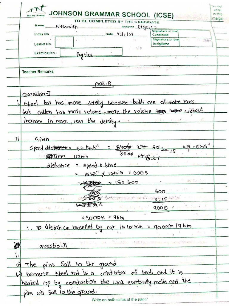 Manvith 7C Physics Subjective Paper (Annual) | PDF