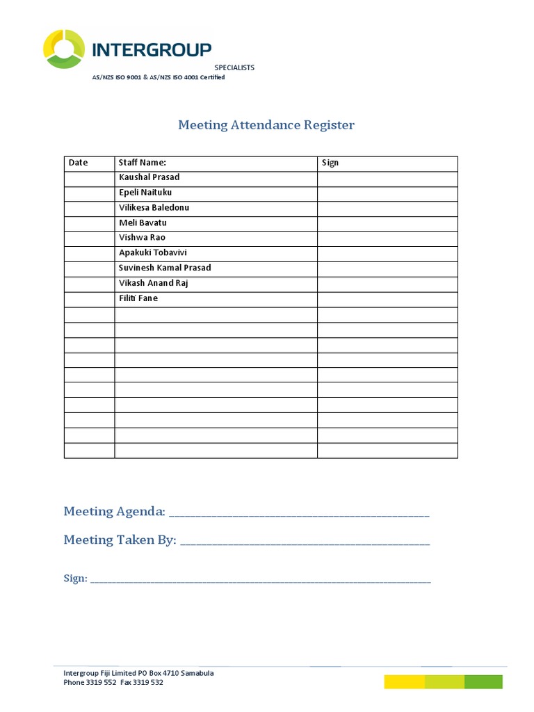 Meeting Attendance Register | PDF | Career & Growth