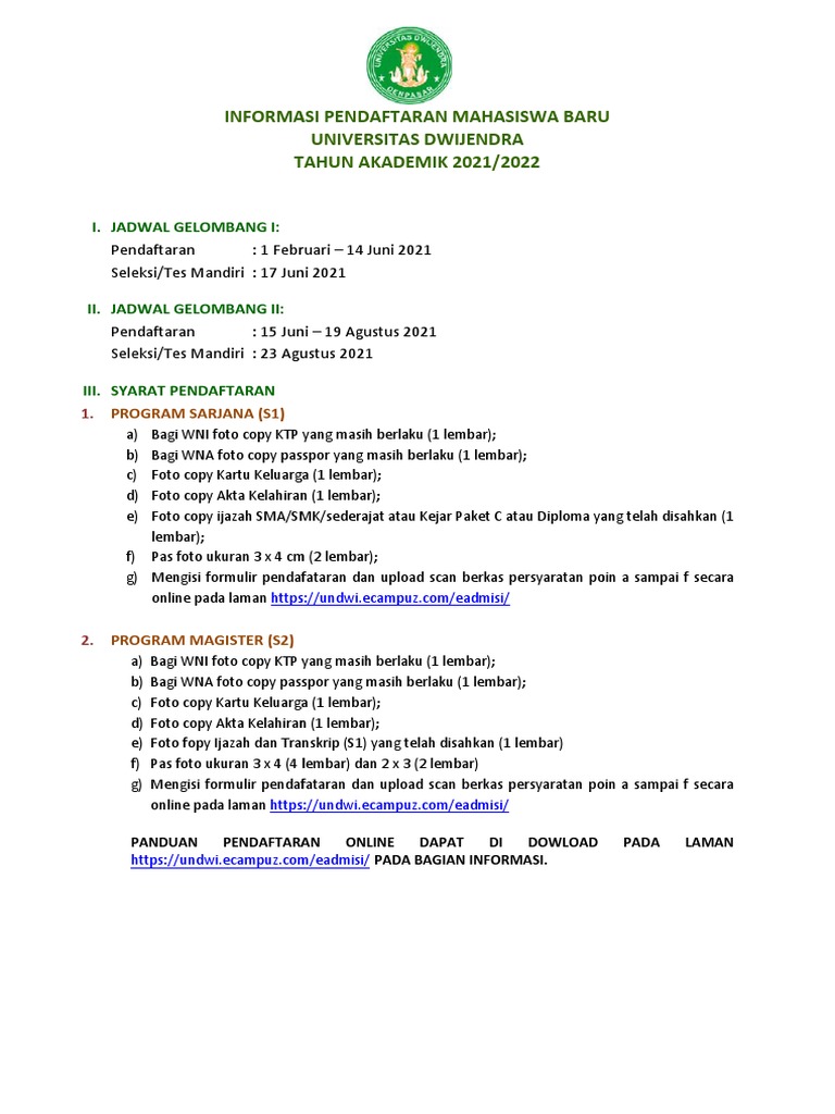 Pendaftaran Mahasiswa Baru Undwi | PDF