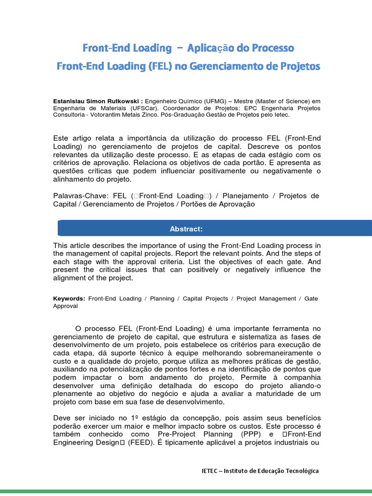 Aplica o Do Processo Front-End Loading FEL No Gerenciamento de Projetos ...