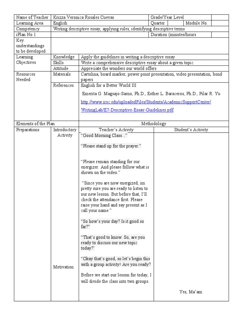 Lesson Plan Writing A Descriptive Essay | PDF