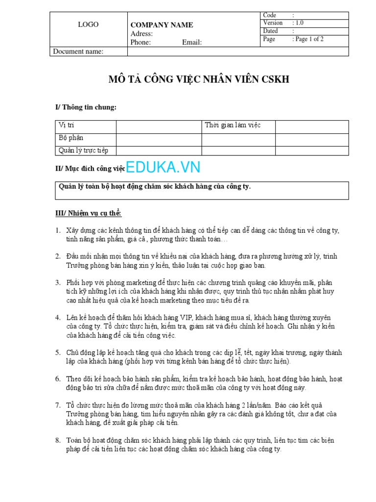 MK - Mo Ta Cong Viec Nhan Vien CSKH | PDF