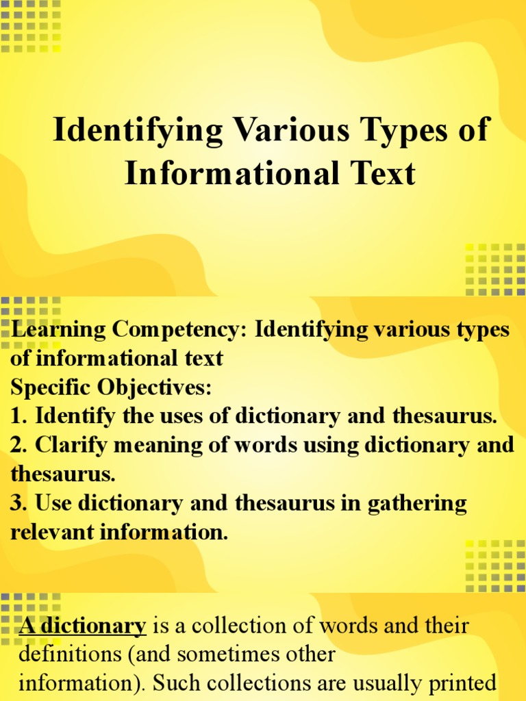 Identifying Various Types of Informational Text Q2W1D2 | PDF