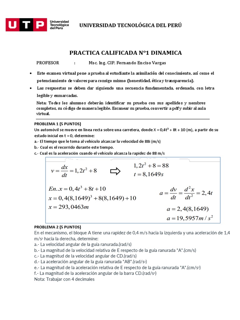 Solucionario Primera Practica Calificada 1 | PDF | Velocidad | Aceleración