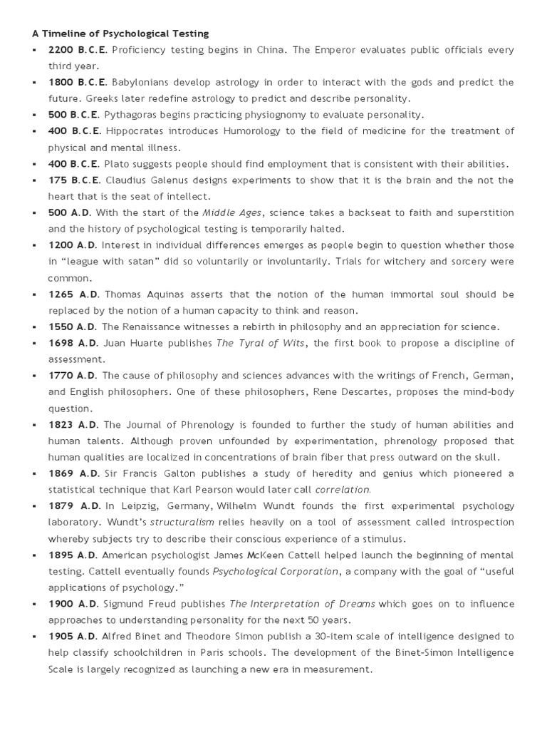 Timeline of Psychological Testing History | PDF | Psychology ...