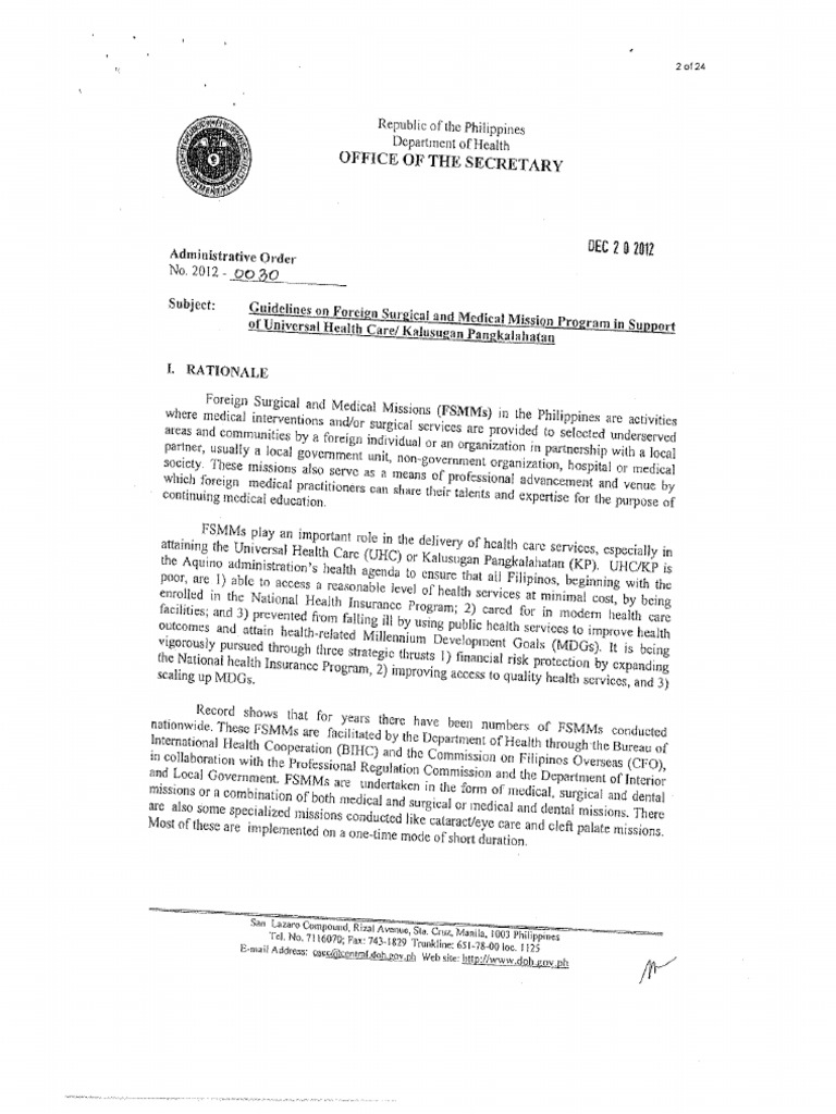 DOH AO 2012 0030 Guidelines On Foreign Surgical and Medical Mission | PDF