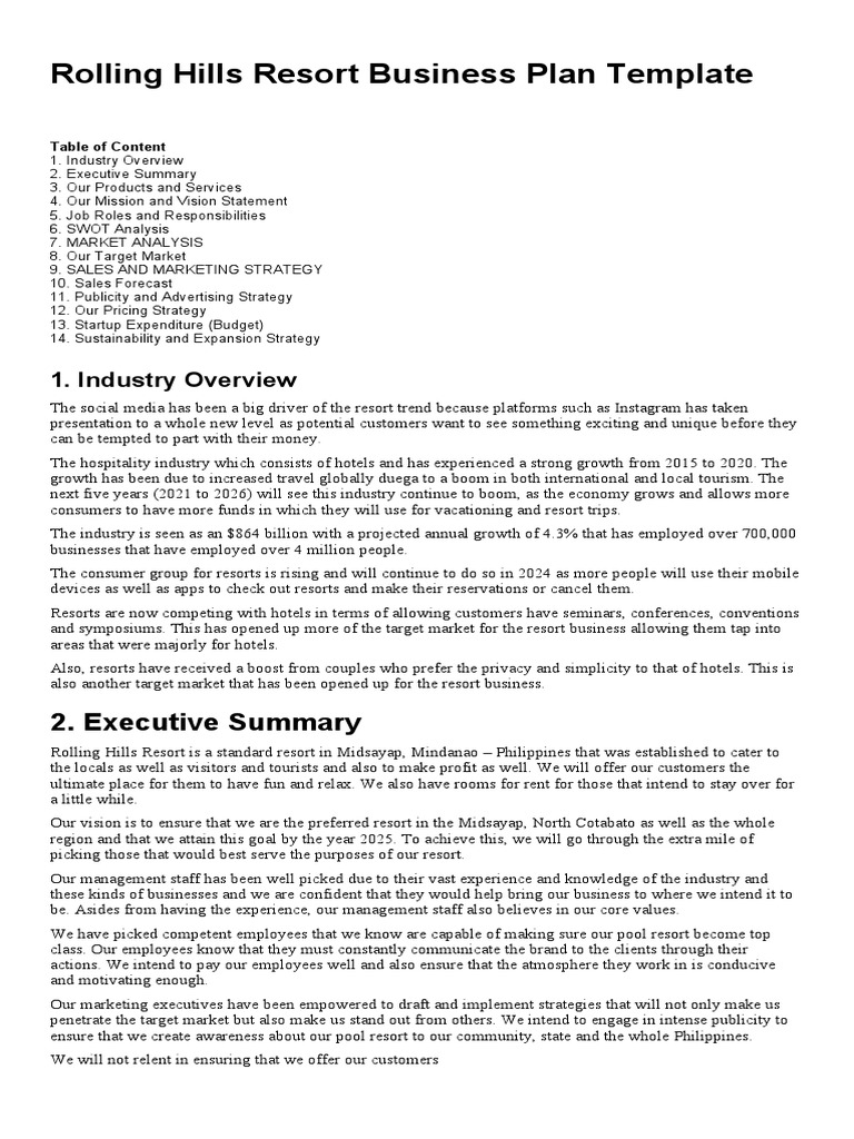 Rolling Hills Resort Business Plan | PDF | Advertising | Marketing