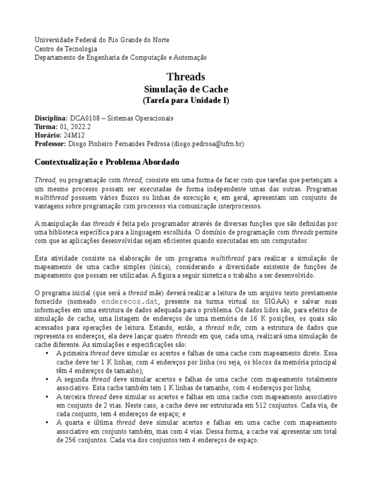 Tarefa Threads | PDF | Thread (informática) | Cache (informática)