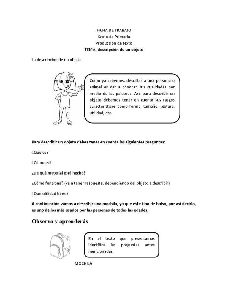Sexto PRODUCCION DE TEXTO Descripcion de Un Objeto | PDF | Mochila