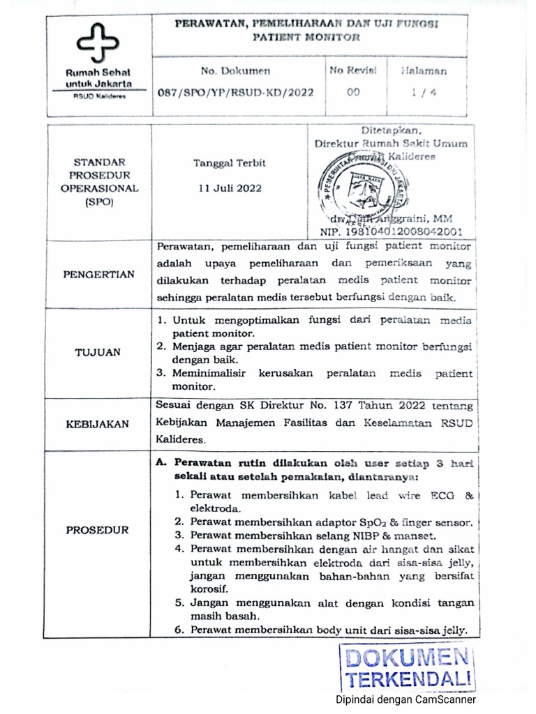 No.87 (SPO PERAWATAN, PEMELIHARAAN DAN UJI FUNGSI PATIENT MONITOR) | PDF