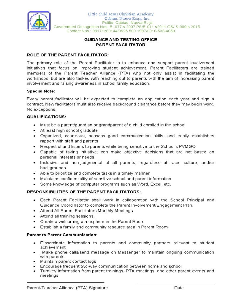 Parent Facilitator Form | PDF | Parent | Communication