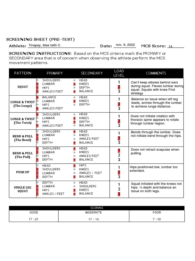 MCS Movement Competency Screen | PDF | Foot | Knee