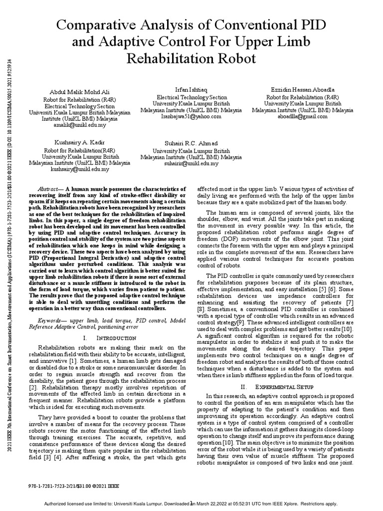 Comparative Analysis of Conventional PID and Adaptive Control For Upper Limb Rehabilitation ...