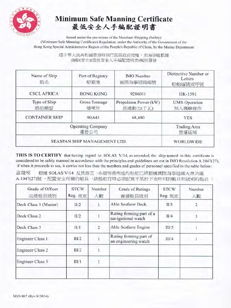 Min Safe Manning Certificate | PDF