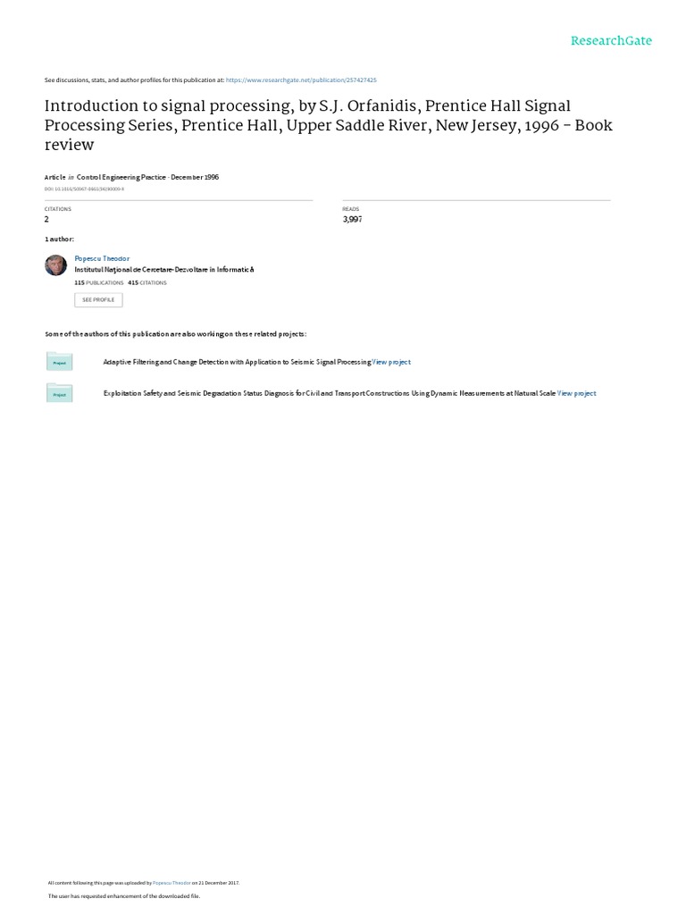 Introduction To Signal Processing by S J ORFANIDIS Prenti 1996 Control E | Download Free PDF ...