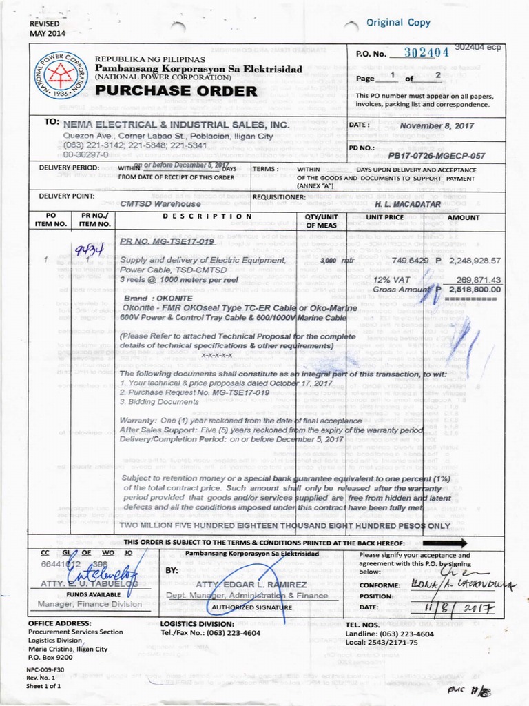 PO - 302404 - TSD - Electric Equipt. Power Cable | PDF | Business ...
