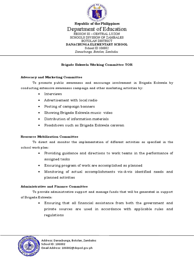 Brigada Eskwela Working Committee TOR | PDF