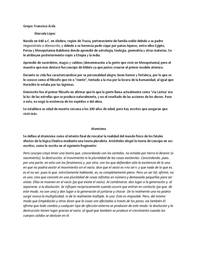 Resumen Democrito Atomismo | Descargar gratis PDF | Nada | Metafísica Resumen Democrito Atomismo | Descargar gratis PDF | Nada | Metafísica