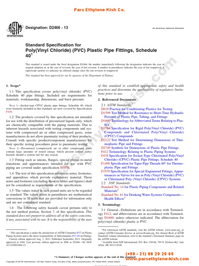 Astm D 2466 (2013) | PDF | Pipe (Fluid Conveyance) | Polyvinyl Chloride