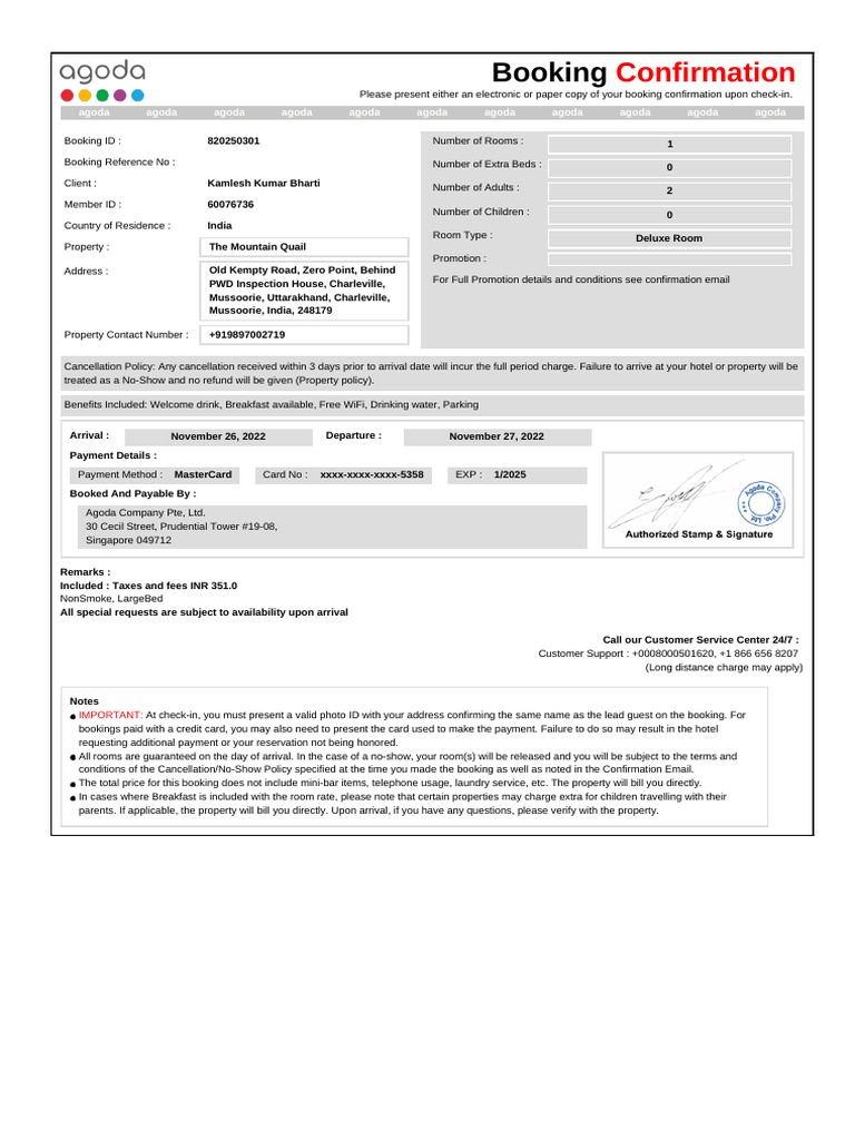 Agoda Booking Confirmation for Mussoorie | PDF | Payments | Credit Card