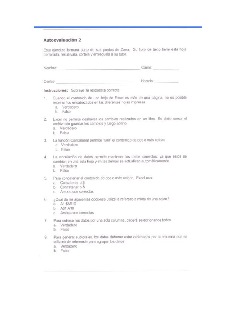 Autoevaluaci N No. 2 de Excel | PDF