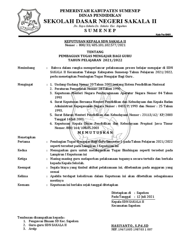 SK Pembagian Tugas SMT1 2021-2022 | PDF