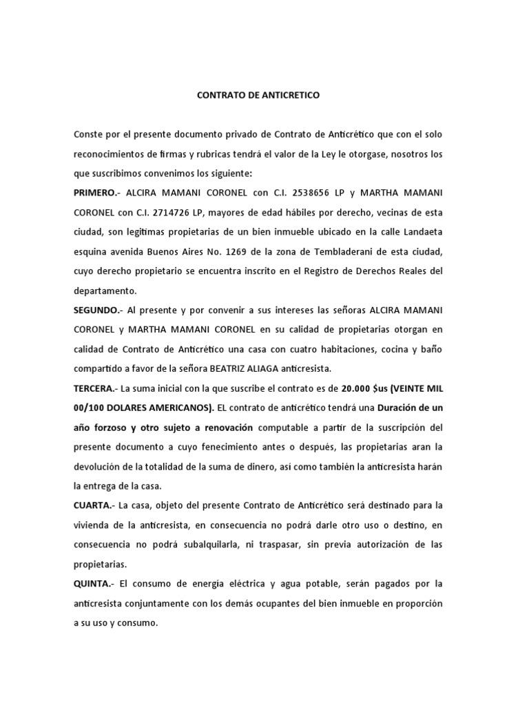 Contrato de Anticretico | PDF