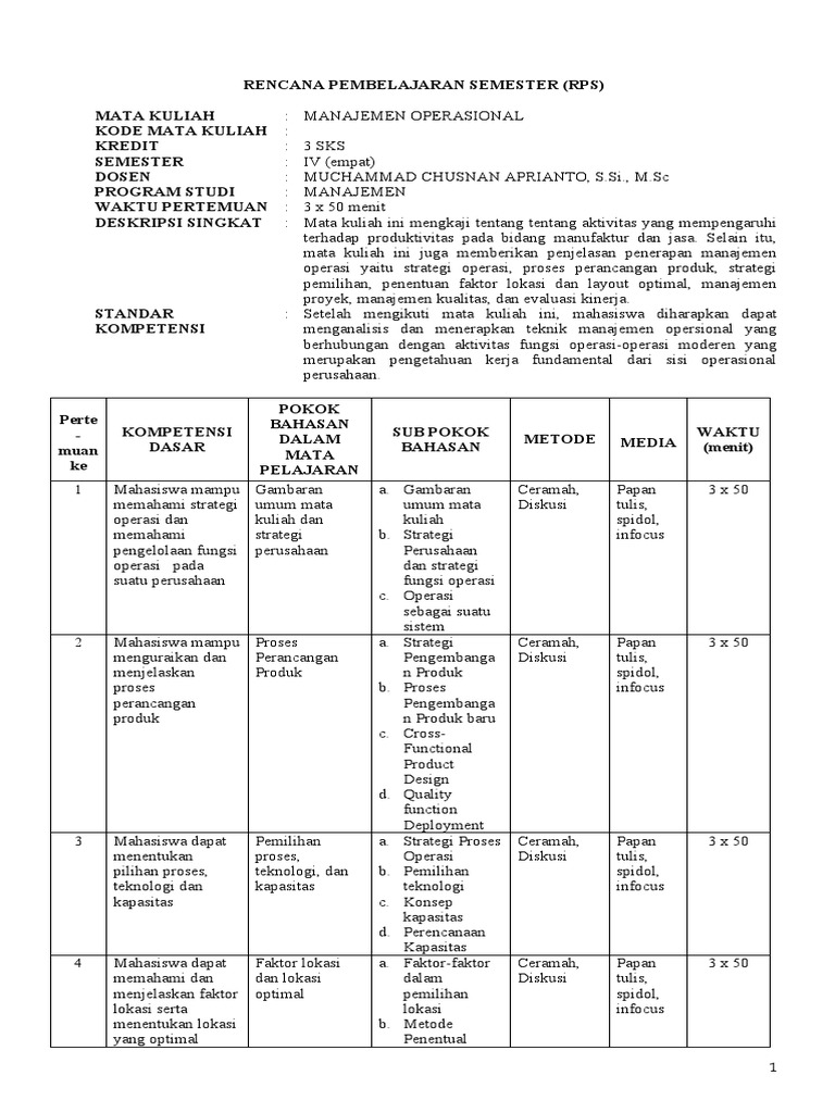 RPS (Manajemen Operasional) | PDF